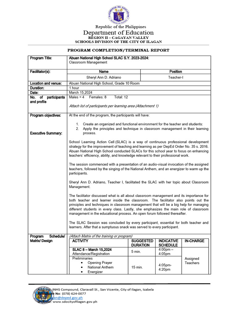 Classroom Management SLAC Report 2024 | PDF | Classroom | Teachers