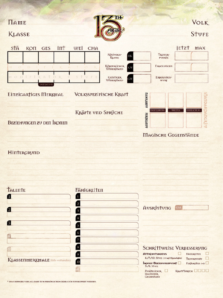 13th Age Charakterbogen | PDF