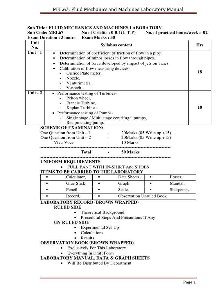 FMM Laboratory Manual | PDF | Turbine | Flow Measurement