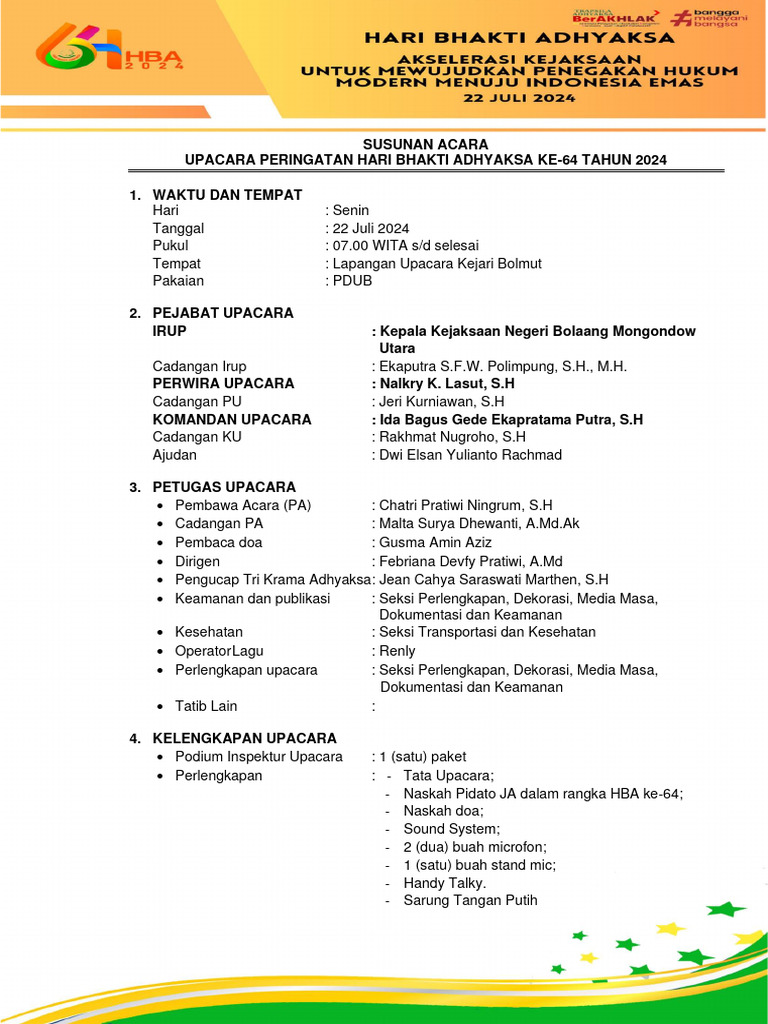 Susunan Acara & Petugas Upacara Hba Dan Ziarah Pelabuhan 2024 | PDF