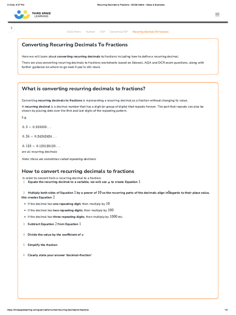 Recurring Decimals To Fractions - GCSE Maths - Steps & Examples | PDF ...