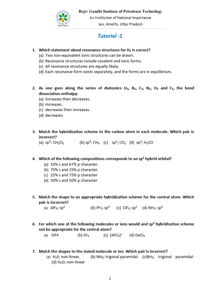 Tutorial__Unit-I_DP | Download Free PDF | Chemical Bond | Molecules