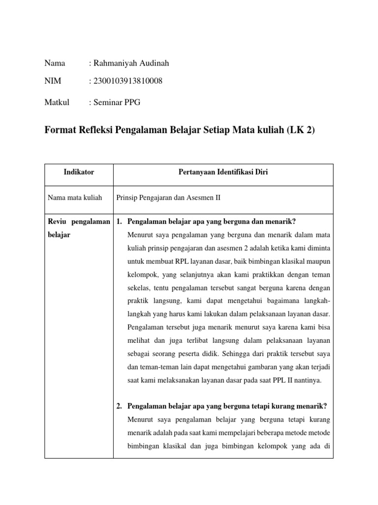 Format Refleksi - Rahmaniyah Audinah - Prinsip Pengajaran Dan Asesmen ...