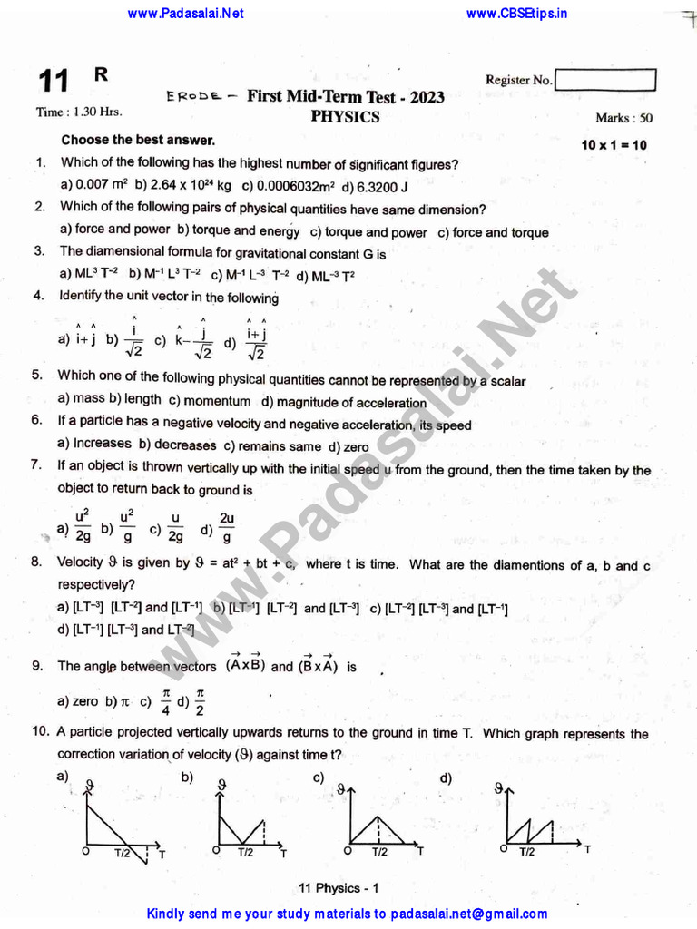 11th Physics EM 1st MId Term Exam 2023 Original Question Paper Erode District English Medium PDF ...