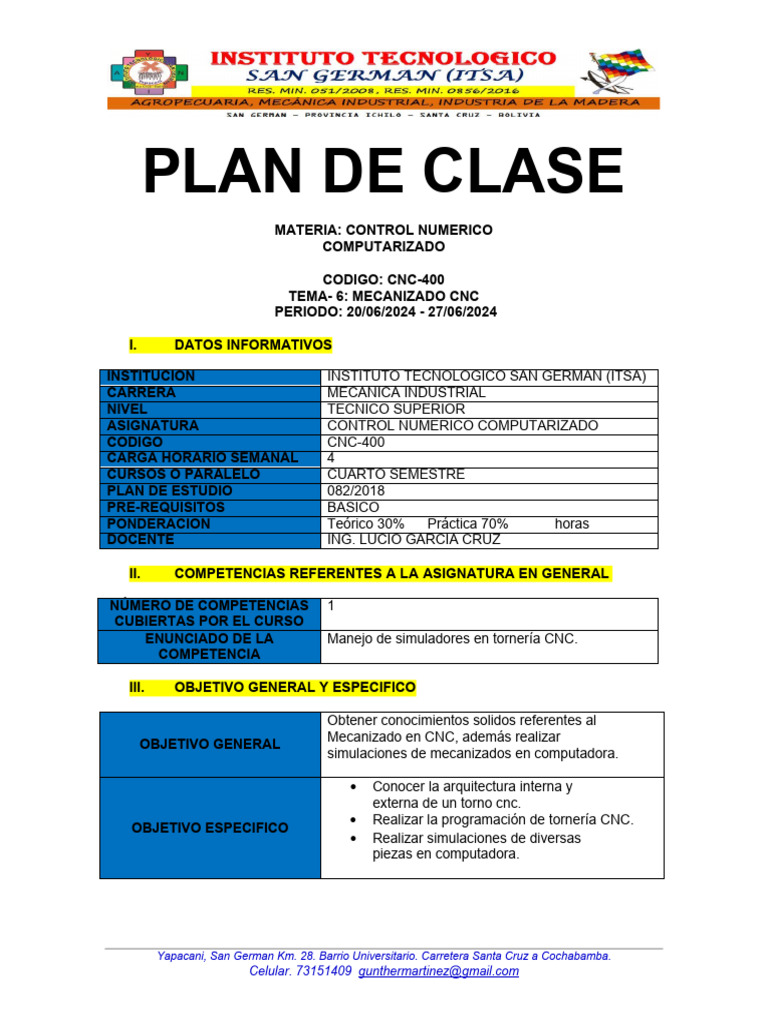 Plan de Clase: Mecanizado CNC ITSA | PDF | Control numerico | Simulación