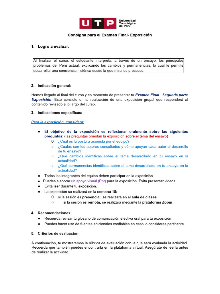 EA N06I EXFNConsigna Final Exposicion | PDF | Evaluación | Comunicación ...