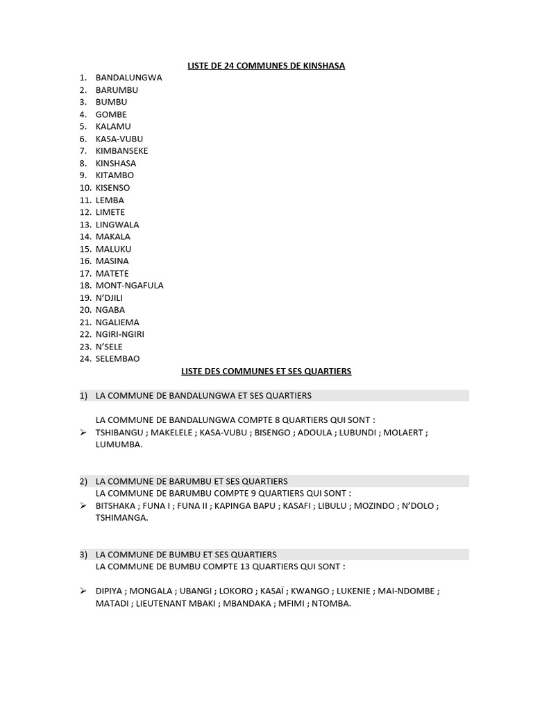 Liste des 24 communes de Kinshasa | PDF | Kinshasa | République ...