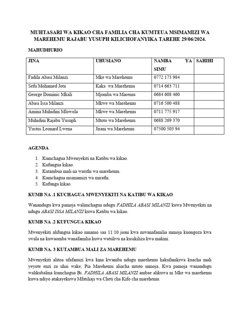 Muhtasari Wa Kikao Cha Familia Ya Marehemu Ndugu Rajabu Yusuph Kilichofanyika Tarehe 29 | PDF