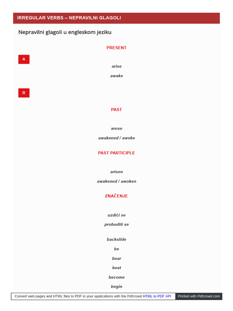 Irregular Verbs - Nepravilni Glagoli | PDF | Web Development | Written ...