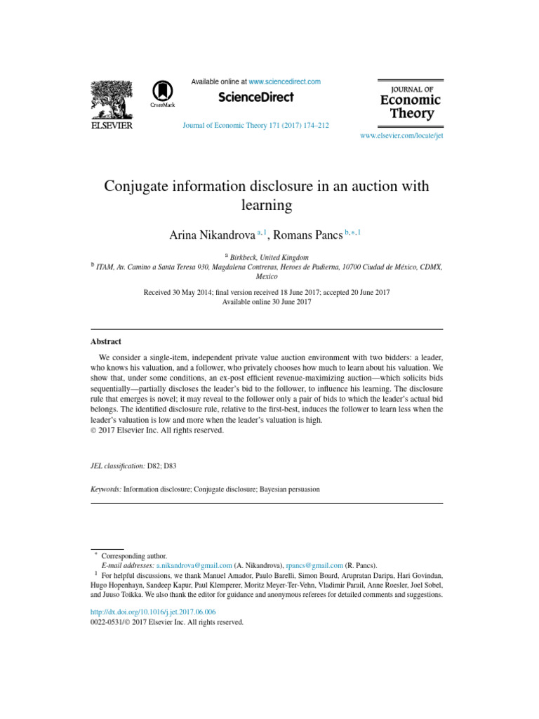 Conjugate Information Disclosure in An Auction With Learning | PDF ...
