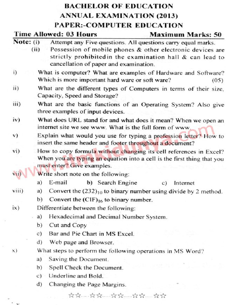 Past Papers 2013 Peshawar University BEd Computer Education | PDF