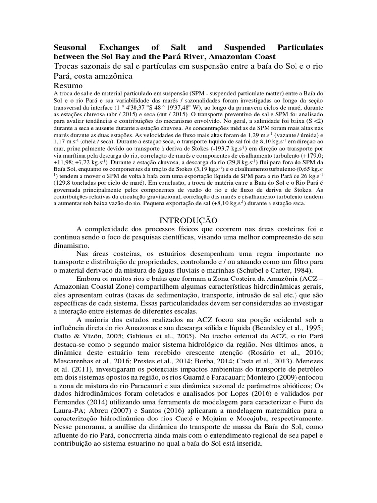 Trocas Sazonais de Sal e Partículas em Suspensão Entre A Baía Do Sol e o Rio Pará, Costa ...