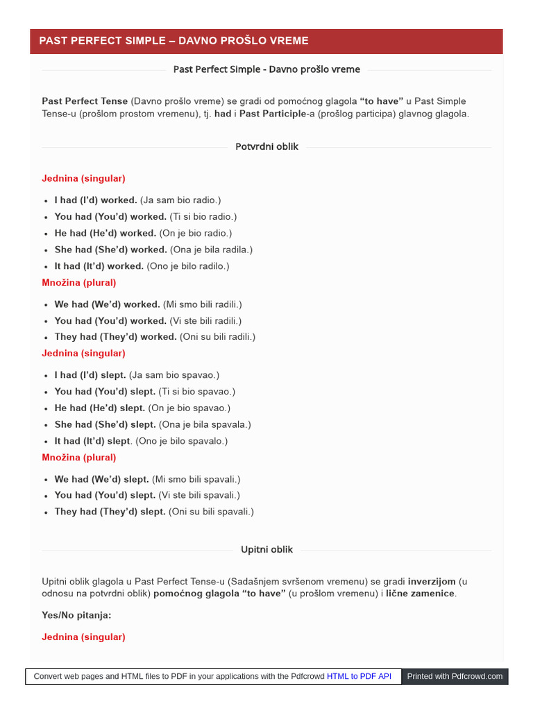Past Perfect Simple - Davno Prošlo Vreme | PDF | Grammar | Linguistics