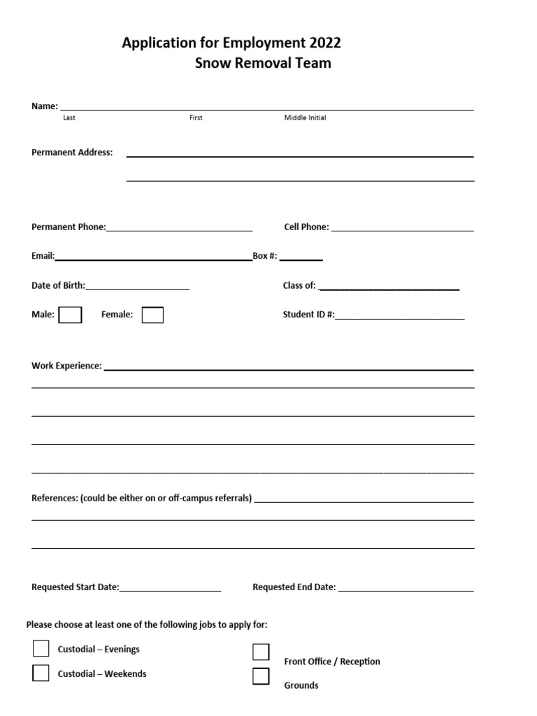 Snow Removal Team Employment Application | PDF | Business
