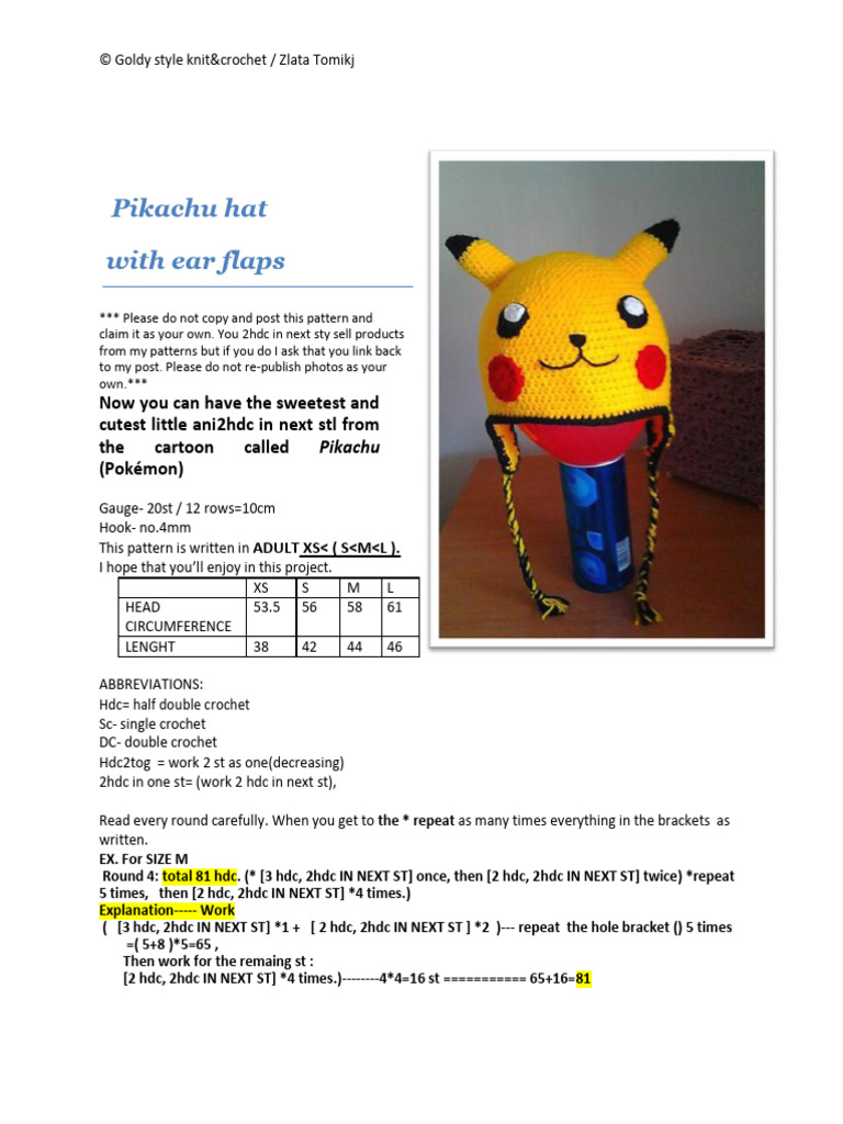 Pikachu Hat With Ear Flaps | PDF | Needlework | Textile Arts