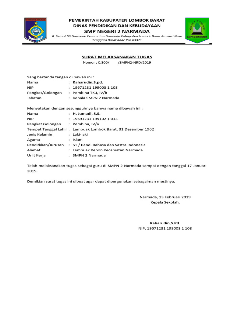 Surat Melaksanakan Tugas 2018 | PDF