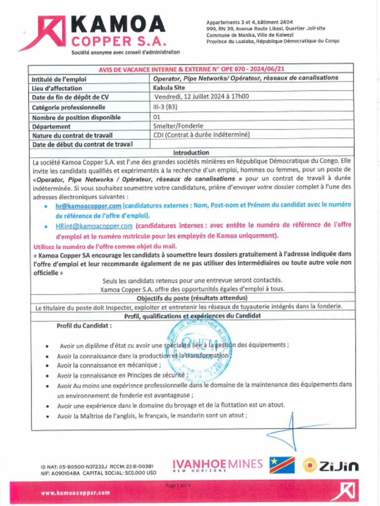Advert N OPE 070 Operator, Pipe Networks | PDF