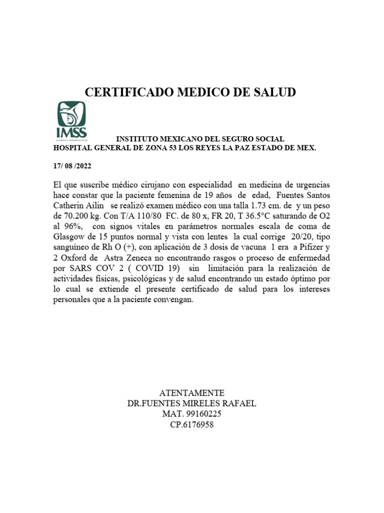 Certificado Medico de Salud | PDF | Ciencia y matemáticas