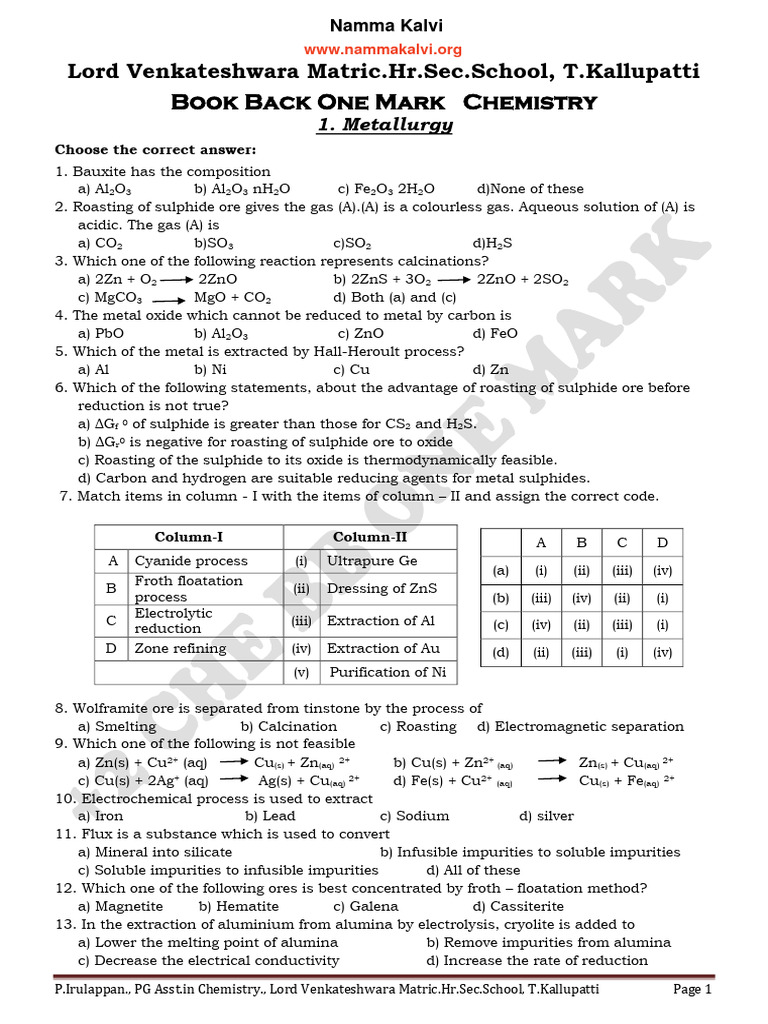 Namma Kalvi 12th Chemistry Volume 1 Book Back 1 Mark Questions em | PDF ...