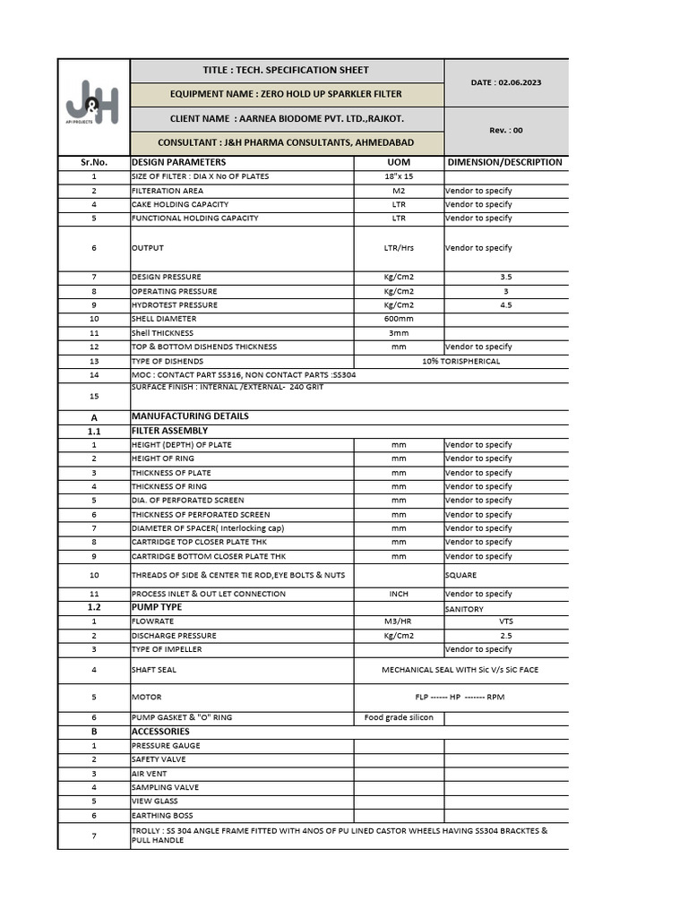 Tech Spec of Sparkler Filter | PDF | Pump | Manufactured Goods