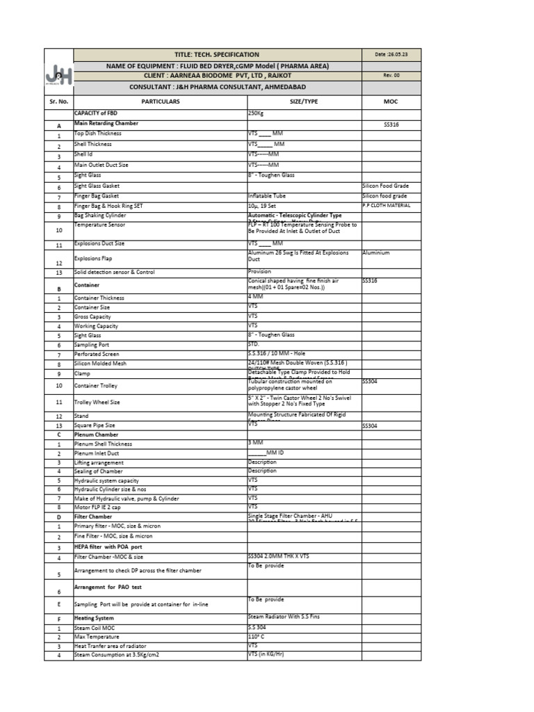 Fluid Bed Dryer Specifications | PDF | Duct (Flow) | Mechanical Engineering