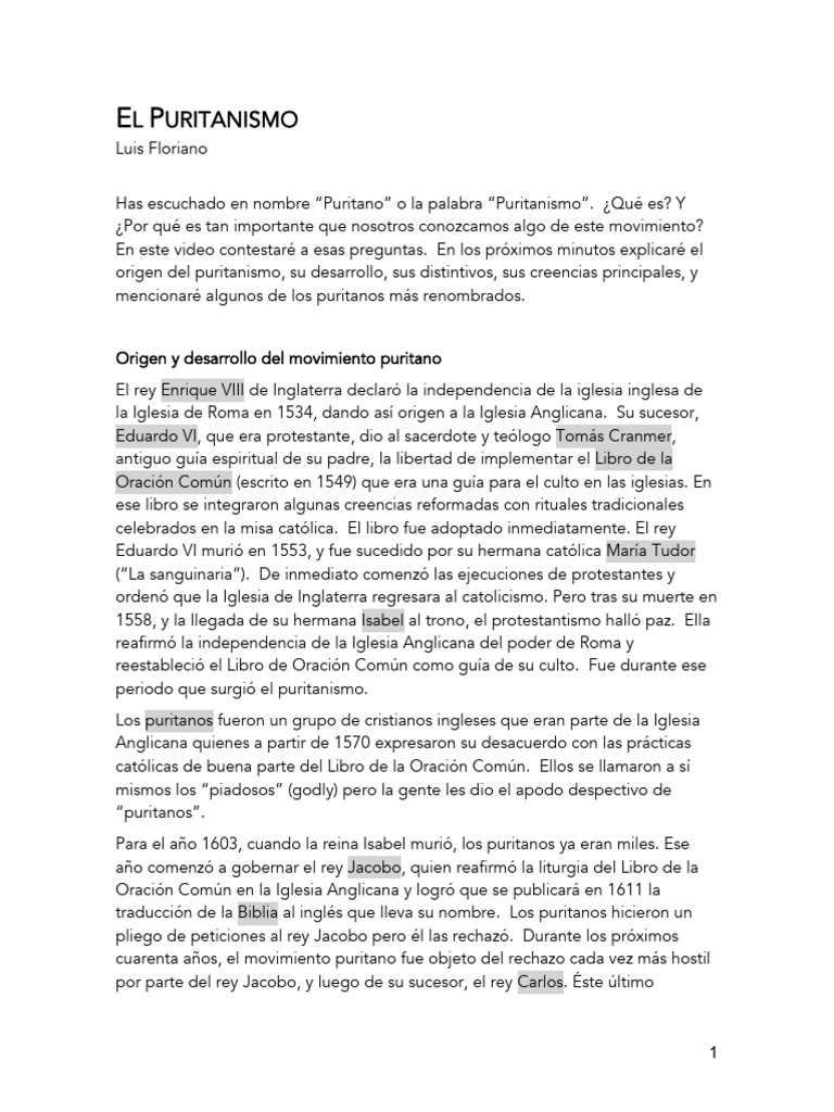 El Puritanismo | PDF | Puritanos | Iglesia cristiana