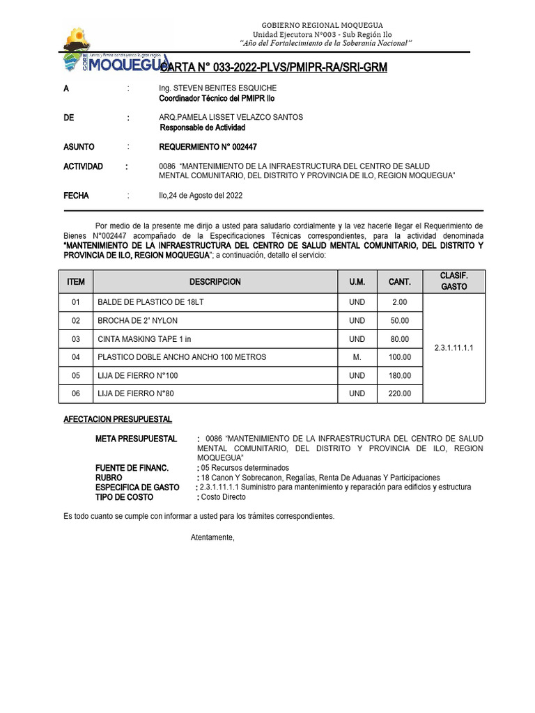 CARTA N°033- 2022 - INSUMOS PARA PINTURAS | Descargar gratis PDF | El ...