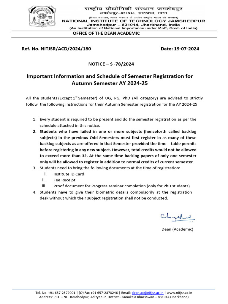 Important Information And Schedule Of Semester Registration For Autumn