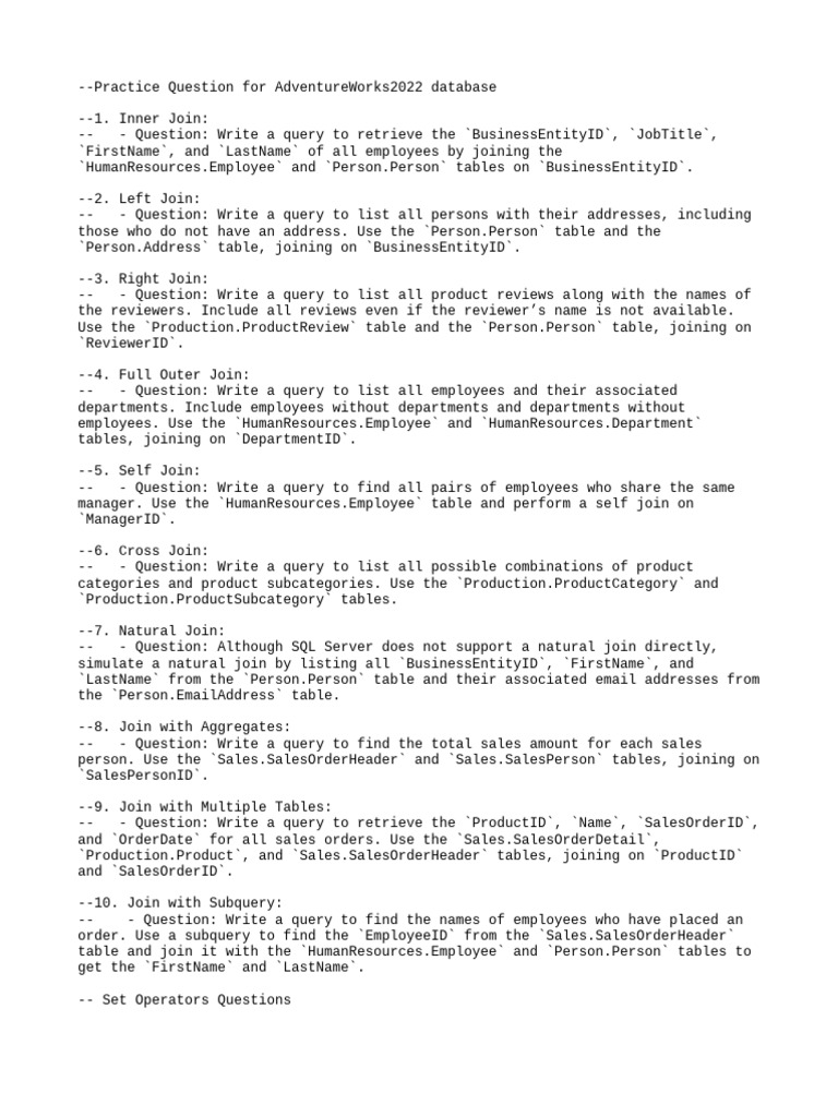 AdventureWorks2022 SQL Practice Questions | PDF | Information Science | Sql
