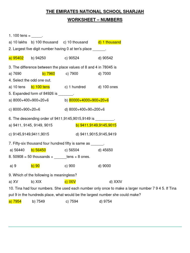 Class 4 Maths Number Worksheets | PDF