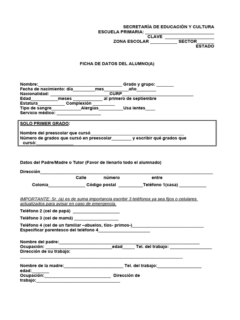 Ficha de Datos del Alumno Primaria | PDF