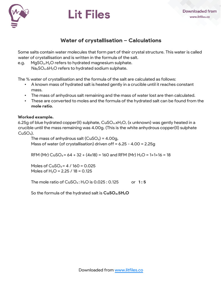Water of Crystallization Calculations | PDF | Mole (Unit) | Chemistry