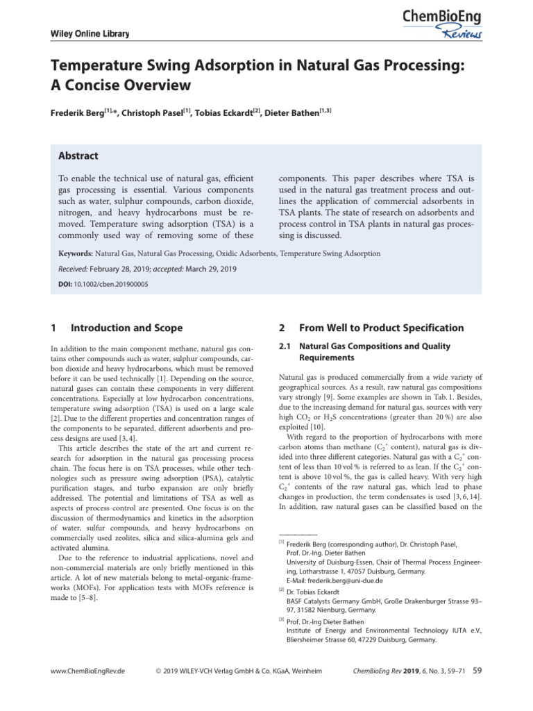 Temperature Swing Adsorption in Natural Gas Processing: A Concise ...