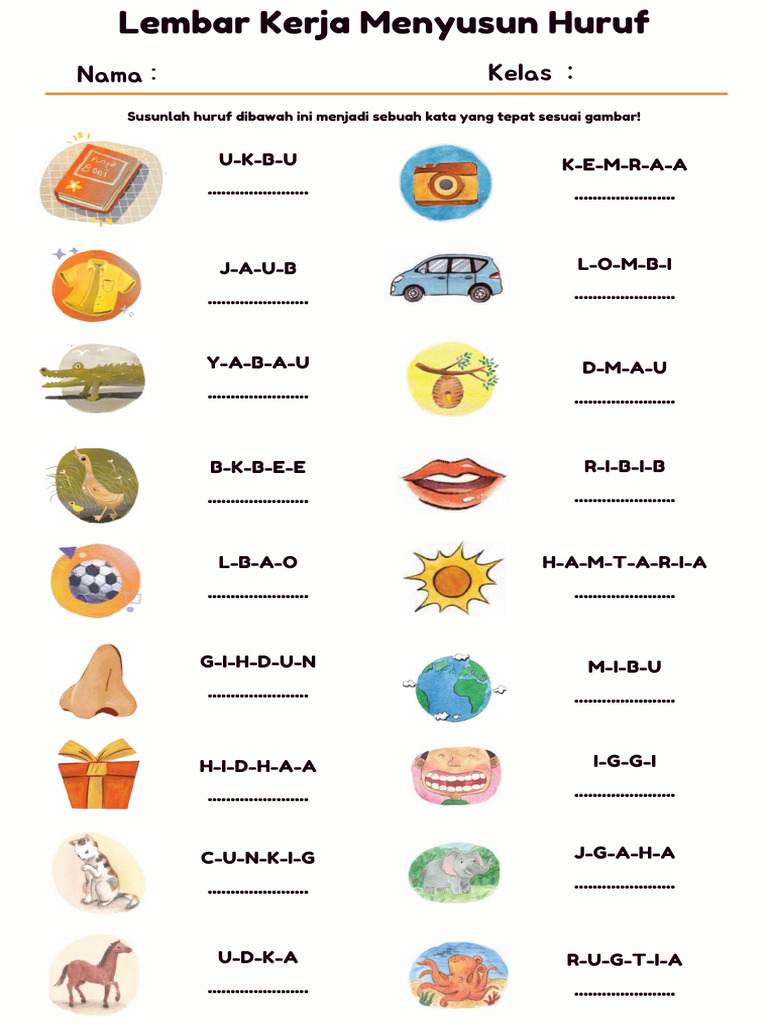Lembar Kerja Susun Huruf Kelas 1 SD | PDF | Game & Aktivitas