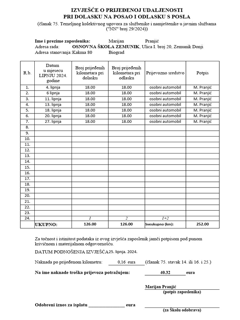 Putni Trošak - OBRAZAC | PDF