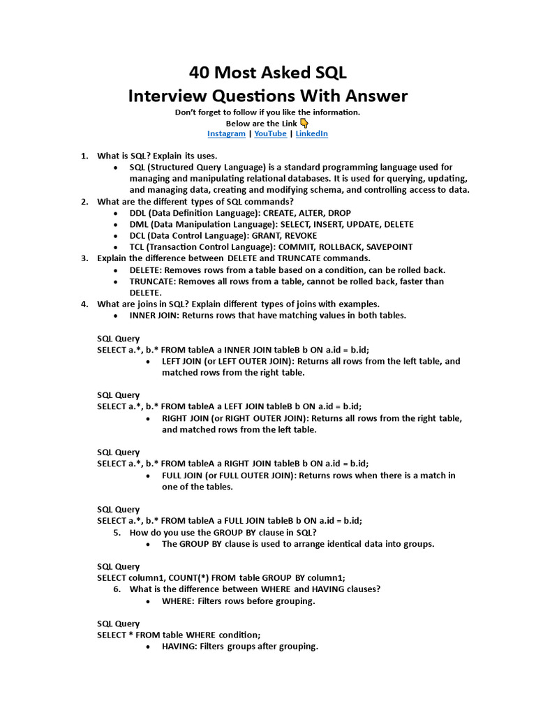 40 Most Asked SQL | PDF | Database Index | Sql
