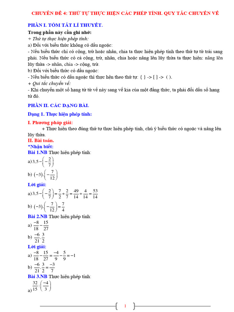 Chuyen de Thu Tu Thuc Hien Cac Phep Tinh Quy Tac Chuyen Ve Toan 7 | PDF