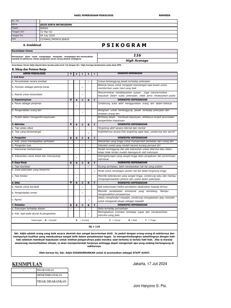 Psikogram - Adjie Surya Natakusuma (Staff Warehouse) | PDF