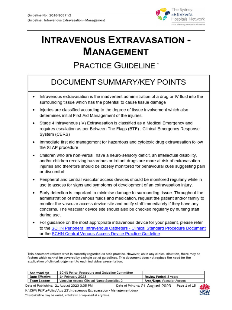 Intravenous Extravasation - Management | PDF | Intravenous Therapy | Clinical Medicine