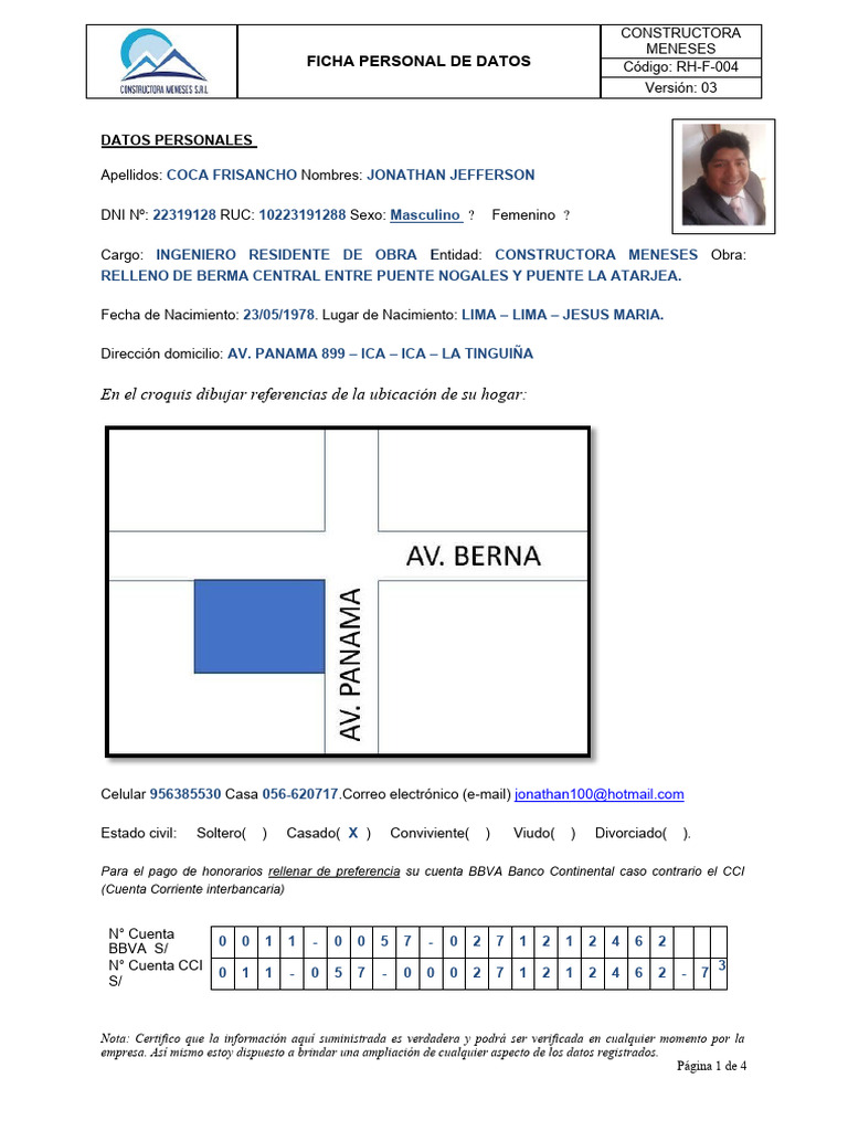 RH-F-004.1 Ficha Personal de Datos (RHE) | PDF | Documento de identidad ...