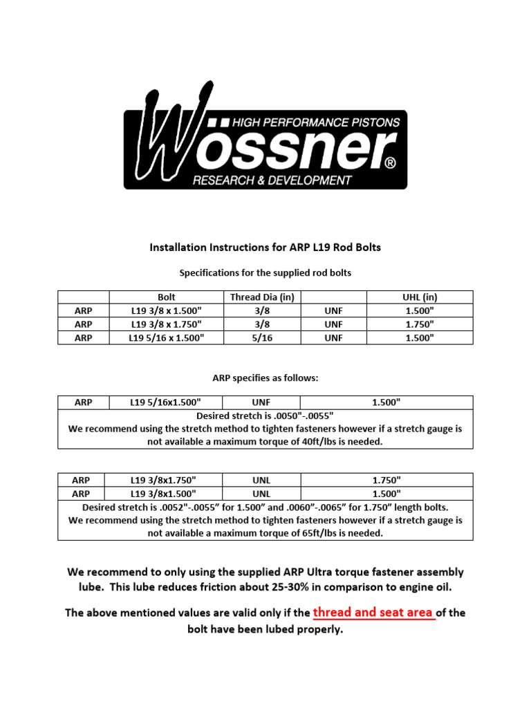 Wossner ARP L19 Con-Rod Bolts Installation Instructions | PDF | History