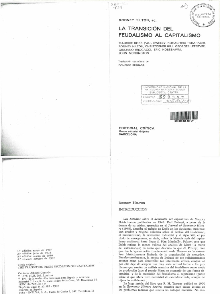 Hilton Rodney La Transicion Del Feudalismo Al Capitalismo | PDF