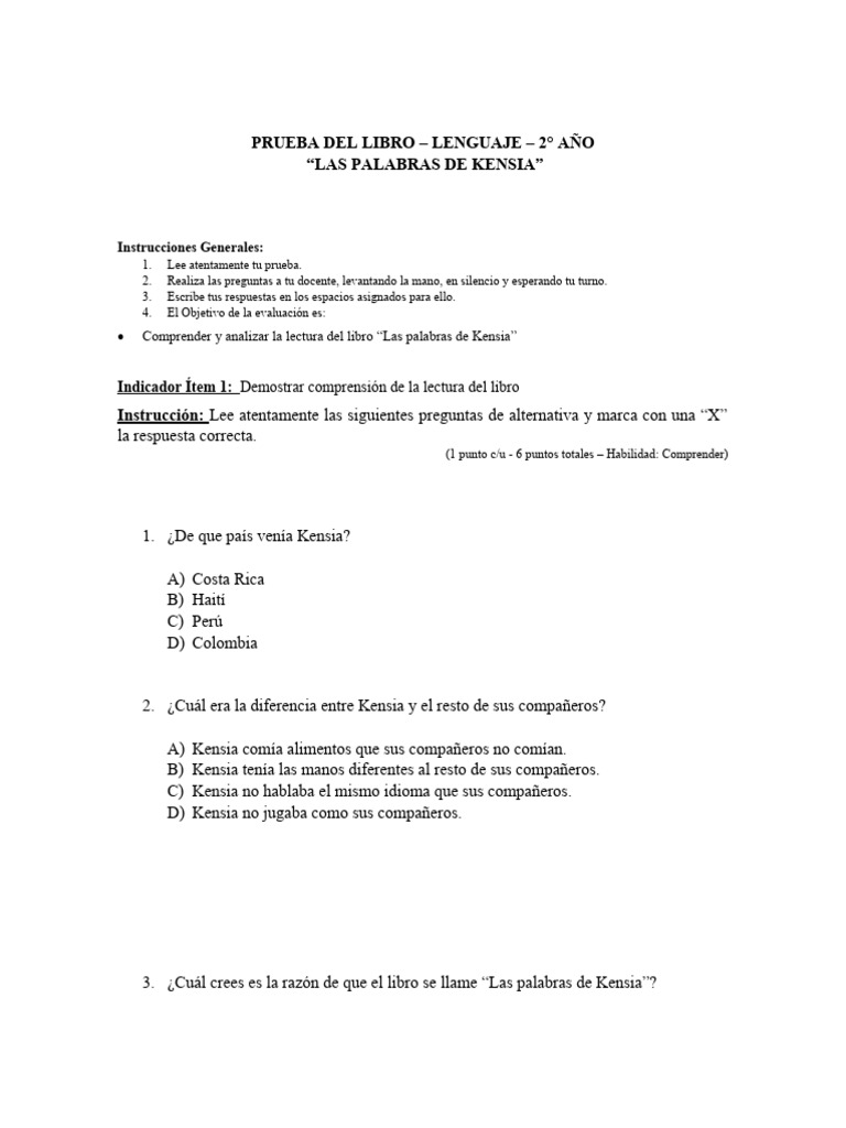 Prueba de Libro Las Palabras de Kensia | PDF | Crecimiento personal y ...