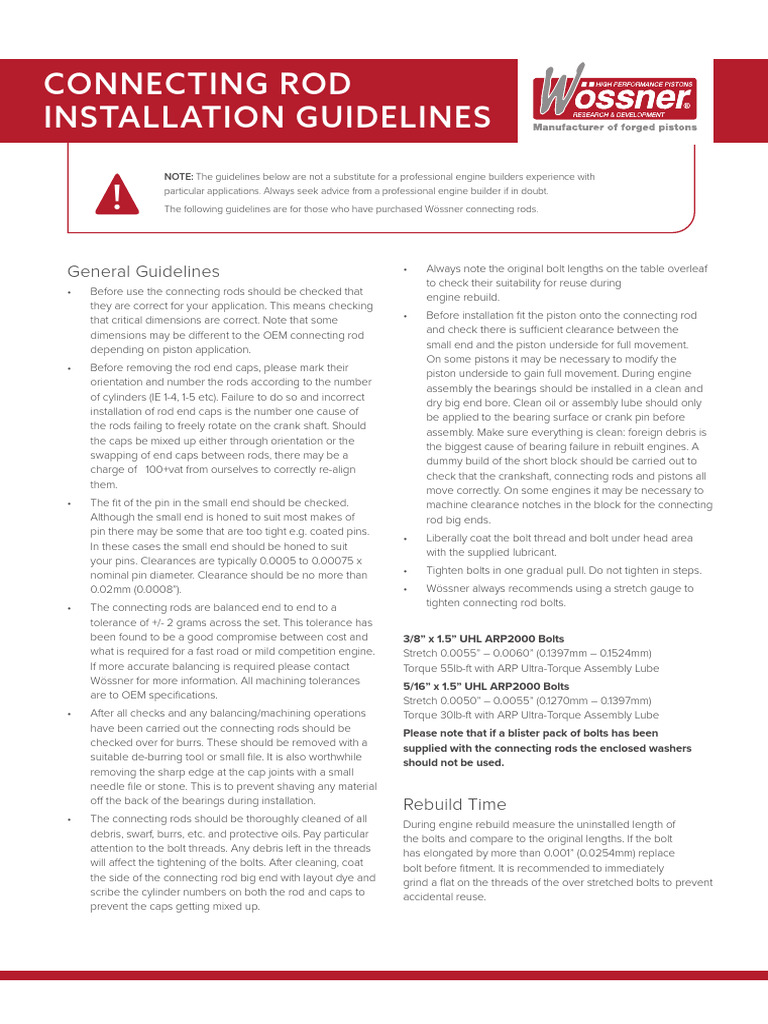 Wossner Con-Rod Installation Guide. | PDF | Piston | Screw