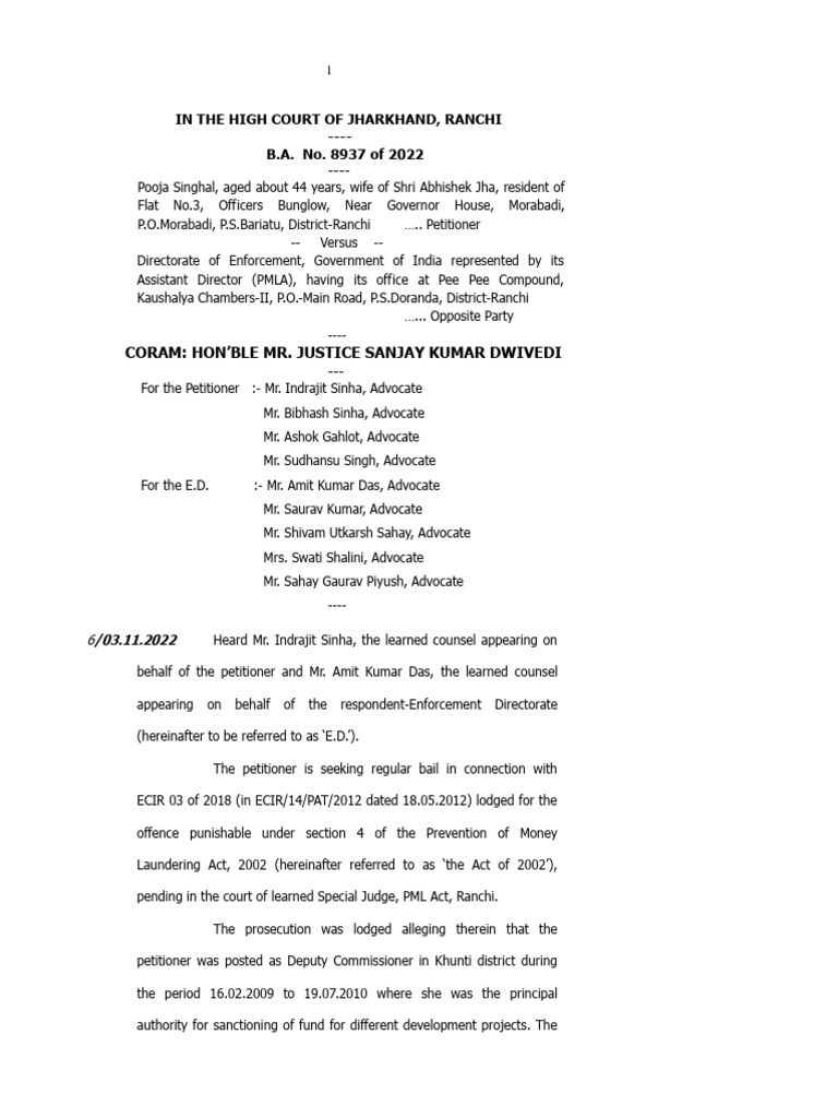 Bail Petition in Money Laundering Case | PDF | Bail | Burden Of Proof (Law)