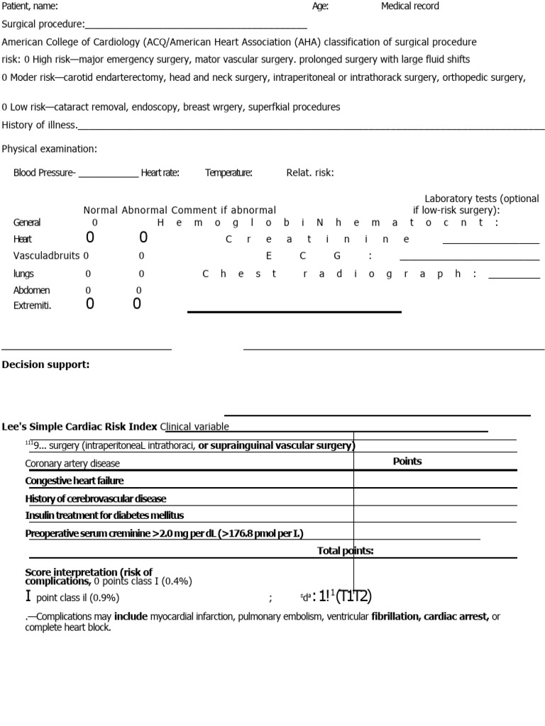Pre Operative Evaluation Form | PDF | Heart | Myocardial Infarction