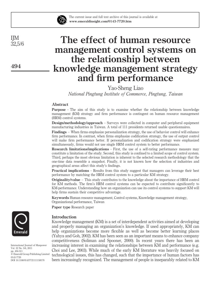 The Effect Of Human Resource Management Control Systems On The Relationship Between Knowledge