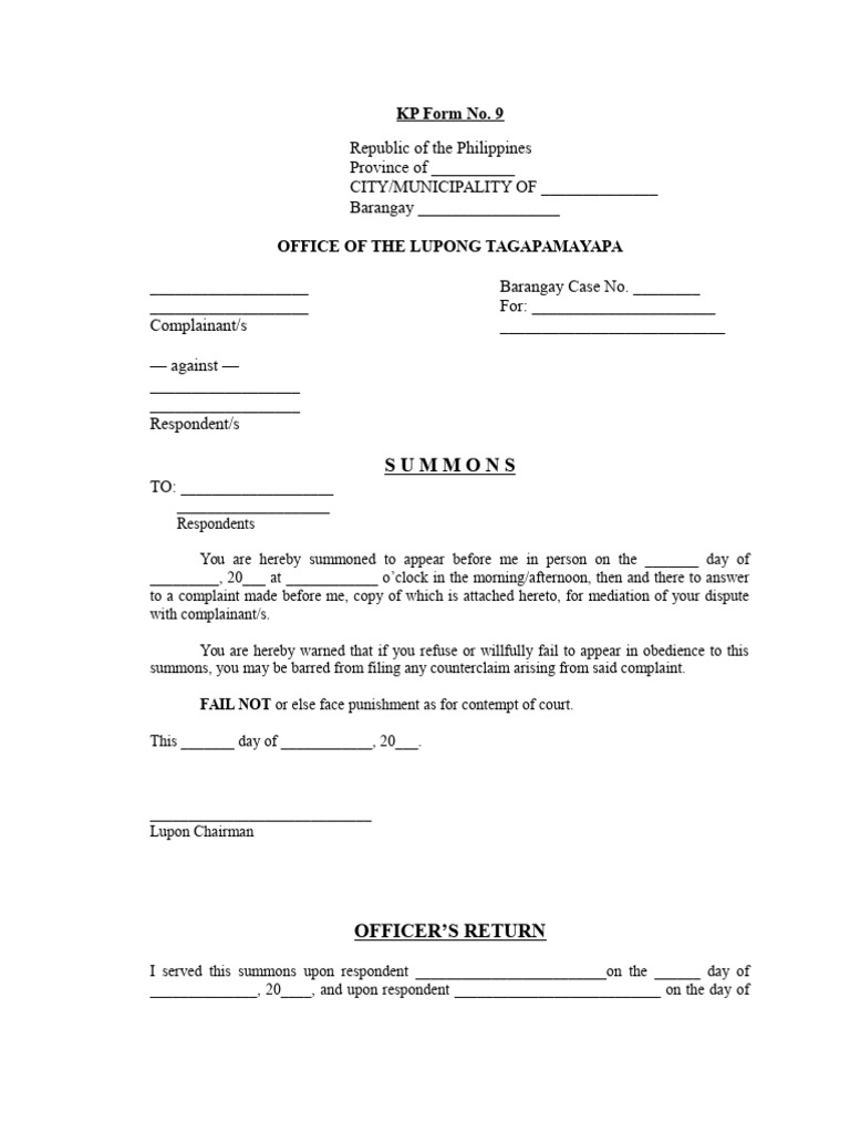 KP Form No 09 Summons PB PDF Free | PDF | Summons | Government Institutions