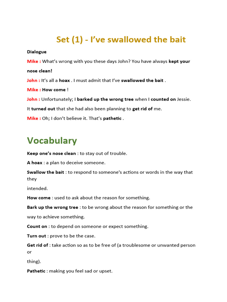 Set (1) - I've Swallowed The Bait: Vocabulary | PDF | Language Arts ...