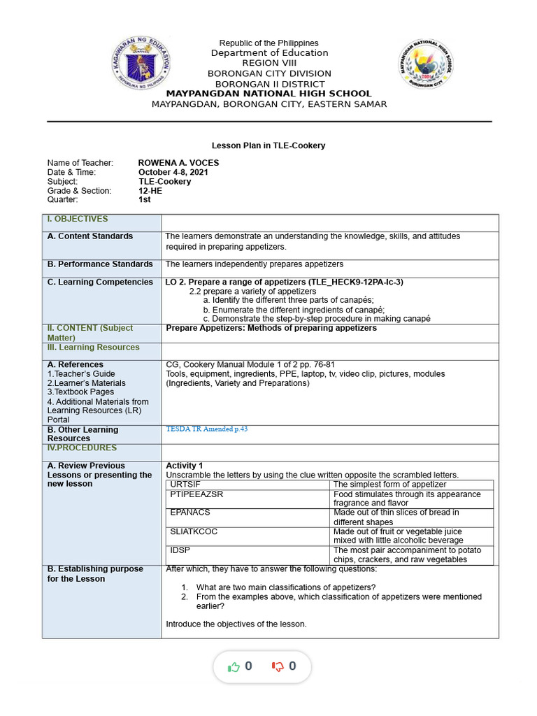 Cot Tle Cookery A Detailed Lesson Plan For Cookery - Compress | PDF | Learning | Behavior ...